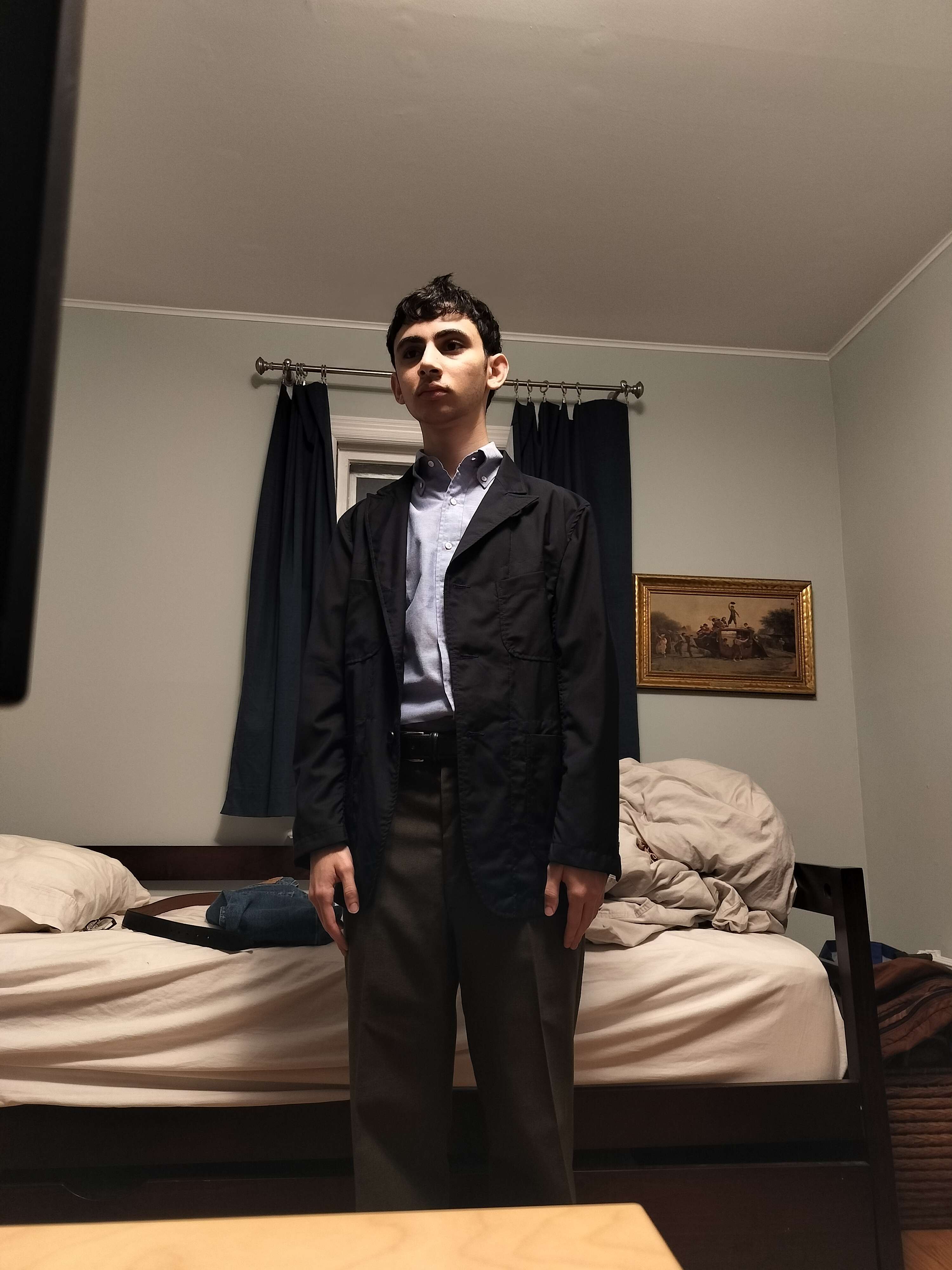 Do dark green pants and a grey jacket go together with a blue ocbd? - mfad