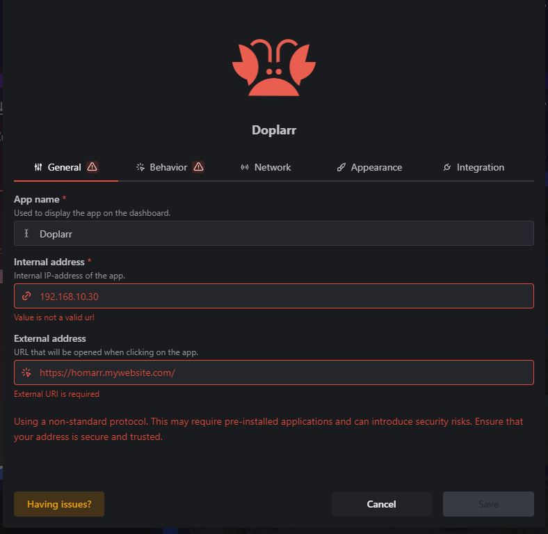 Doplarr App and URL vs IP Address - Homarr