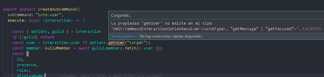 Property 'getUser' does not exist on type 'Omit