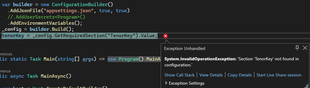 C# IConfiguration not loading appsettings - C#