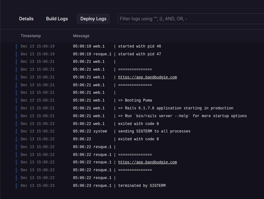 System sending SIGTERM after foreman executes procfile - Railway