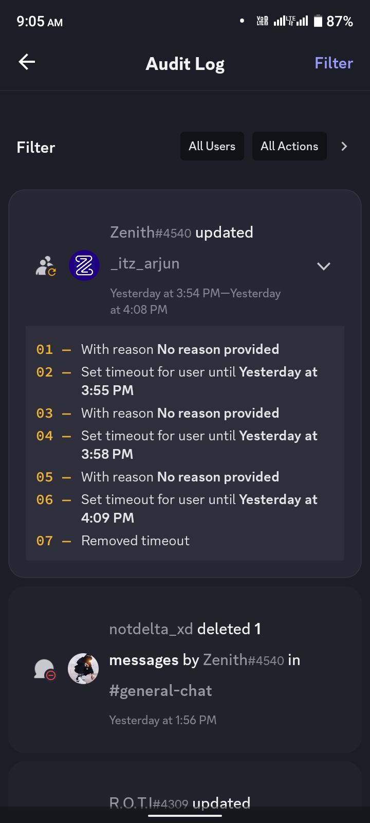 How to make modlogging when user got timeout and unmute(remove timeout) using audit log events ...