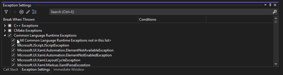 Visual Studio Exception Settings - C#