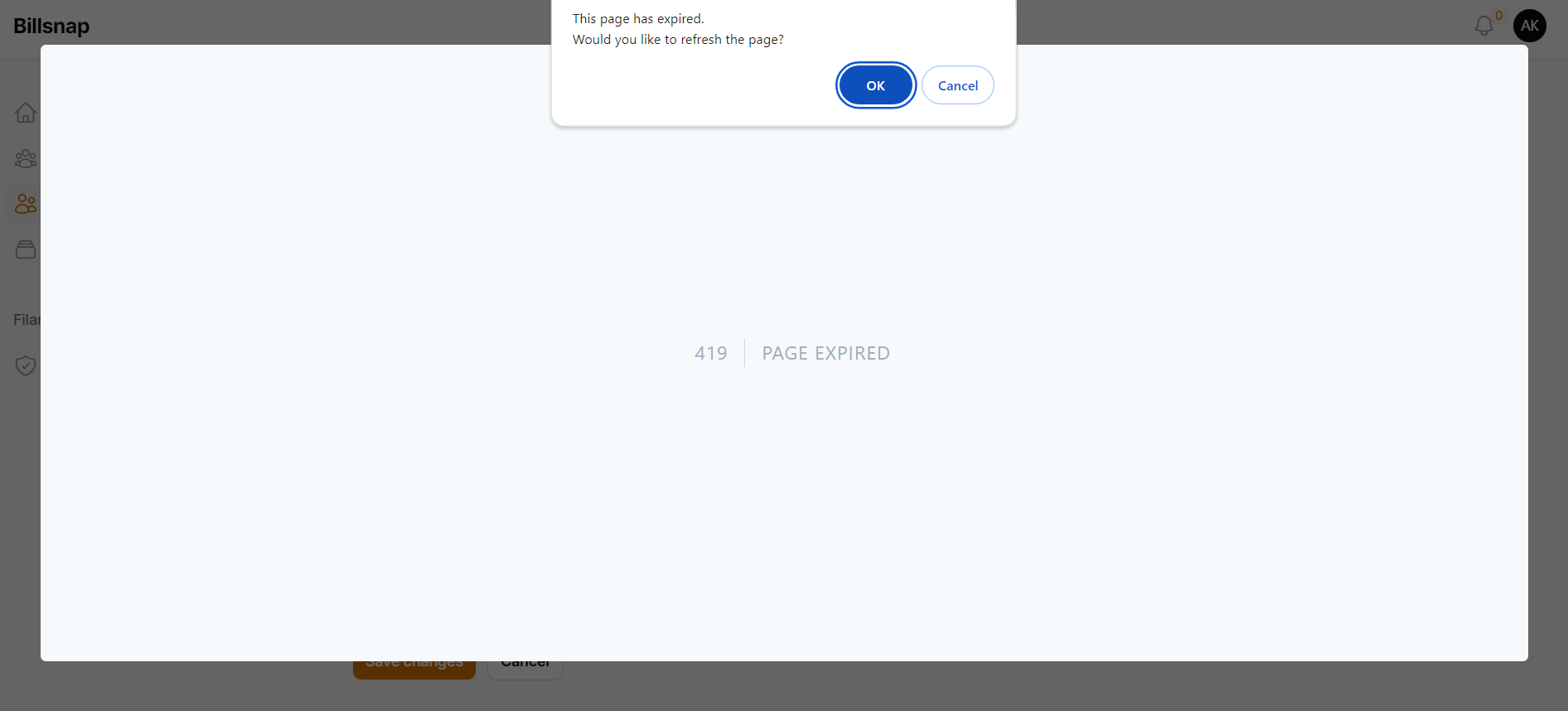 419 Page Expired Popup - Filament